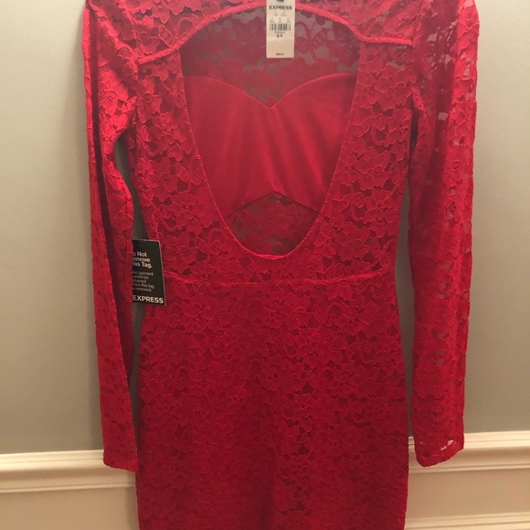 Express | Dresses | Long Sleeve Red Lace Dress With Open Back | Poshmark